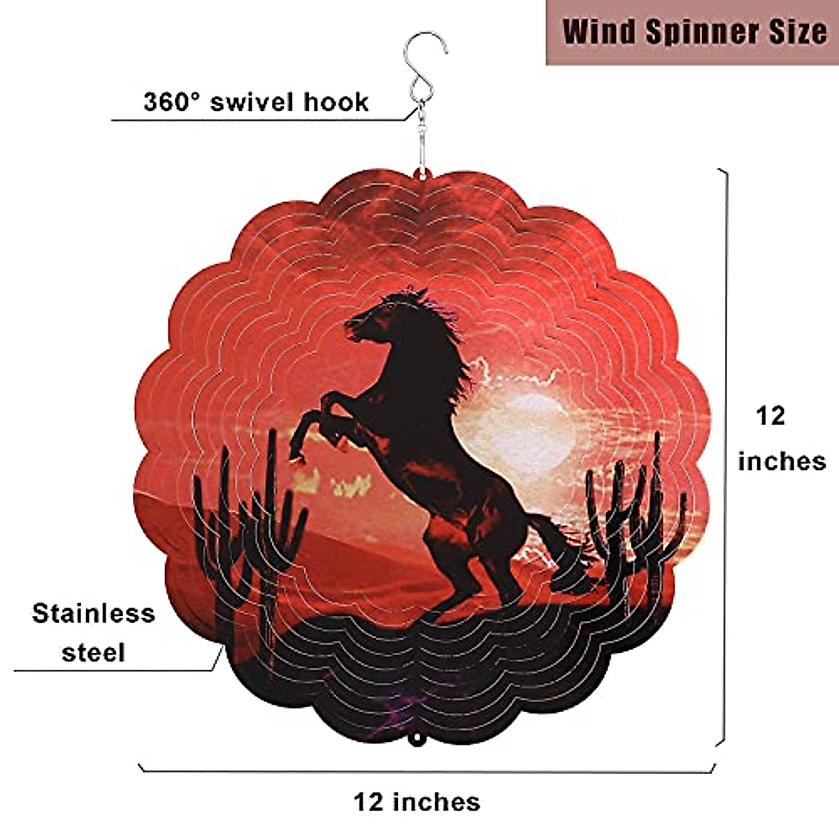 Wind Spinners Outdoor Metal Large,3D Horse Cactus Wind Spinner Hanging Decor,Kinetic Spinners for Yard Garden,12inch Shiny Wind Spinner Art Ornament,Stainless Steel Red Wind Sculptures & Spinners