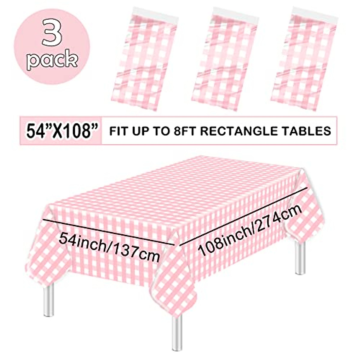 HEIPINIUYE 3 Pack White and Pink Checkered Tablecloth 54 x 108 Plastic Table Cover 8 ft Rectangle Disposable Gingham Table Cloths for Indoor Outdoor Party Birthday Camping Picnic Baby Shower
