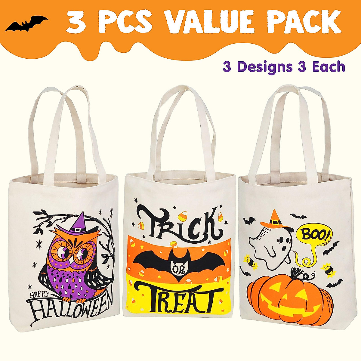 JOYIN 3PCS 13.75” Large Halloween Tote Treat Bags for Trick or Treating, Halloween Goodie Candy Bags, Reusable Canvas Gift Bags for Kids Party Favor Supplies, Snack Grocery Bags with Handles
