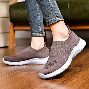 konhill Women's Walking Tennis Shoes - Lightweight Athletic Casual Gym Slip on Sneakers 8 US Brown