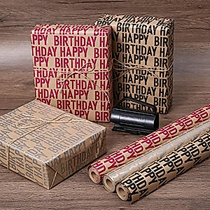THMORT Birthday Wrapping Paper Roll with a Cutter Kit for Boys&Girls,Adults,Kids.17 Inch X 120 Inch Kraft Gift Wrapping Paper Roll Silver Black Red Happy Birthday Retro Fonts.