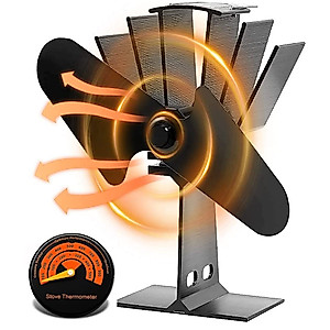 COMBIUBIU Wood Stove Fan Heat Powered 2 Blade Fireplace Fan with Magnetic Thermometer No Electricity Required,Silent Operation,Stove Fan for Gas/Pellet/Wood Burning Stove Accessories