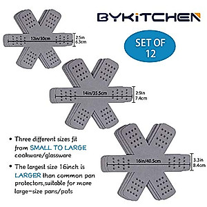 BYKITCHEN Pan Pot Protectors, Larger & Thicker Pan Protector with Stars, Set of 12 and 3 Different Sizes, Gray Pot Separator Pads for Stacking and Protecting Your Cookware