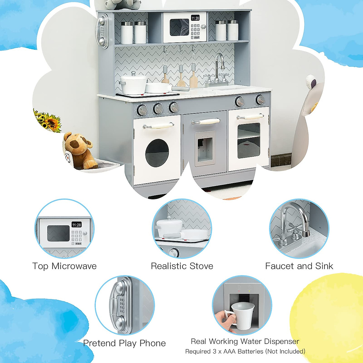 OLAKIDS Kids Kitchen Playset, Pretend Cooking Food Set for Toddlers with Real Light and Sound, Stove, Microwave, Sink, Water Dispenser, Large Storage Cabinet, Role Play Chefs Toy Gift for Boys Girls