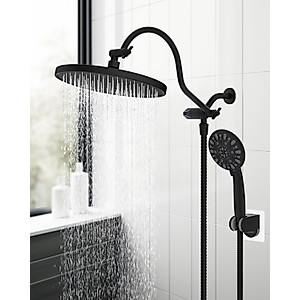 Hibbent 10'' Self-cleaning Rain Shower Head, High Pressure Handheld Shower Head, Showerhead Combo with 12'' Adjustable Curved Shower Extension Arm, 7-Spray, 71'' Hose, Showerhead Holder, Matte Black