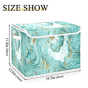 Blueangle Turquoise Marble Texture Storage Bins with Lids, 16.5 x 12.6 x 11.8 in, Large Collapsible Organizer Storage Basket for Home Office Décor（86）