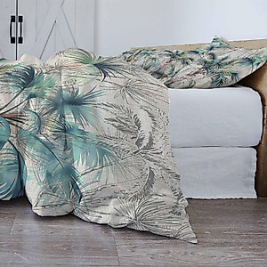Lsrtoss Summer Palm Trees California King Duvet Cover Set, Vintage Botanical Tropical Leaves Microfiber 3 Piece Bedding Set with 2 Pillowcases & 1 Quilt Cover, 92" W x 106" L, California King Size