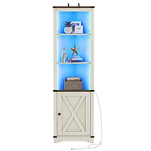YITAHOME Corner Storage Cabinet with LED Light, Farmhouse Tall Corner Cabinet with Barn Door Design & Adjustable Shelf, Home Space Saver for Bathroom/Living Room/Laundry Room, White