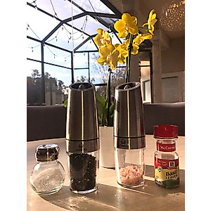 Gravity Electric Salt and Pepper Mill Set with Adjustable Coarseness, Automatic Battery Powered with Blue LED Light, Brushed Stainless Steel by aLBeDo