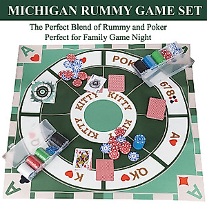 Michigan Rummy Deluxe Board Game Set : Felt Game Mat + 2 Boxes of Playing Chips (200 Pieces) + 1 Deck of Poker + 1 Game Manual. The Perfect Blend of Rummy and Poker, Perfect for Family Game Night