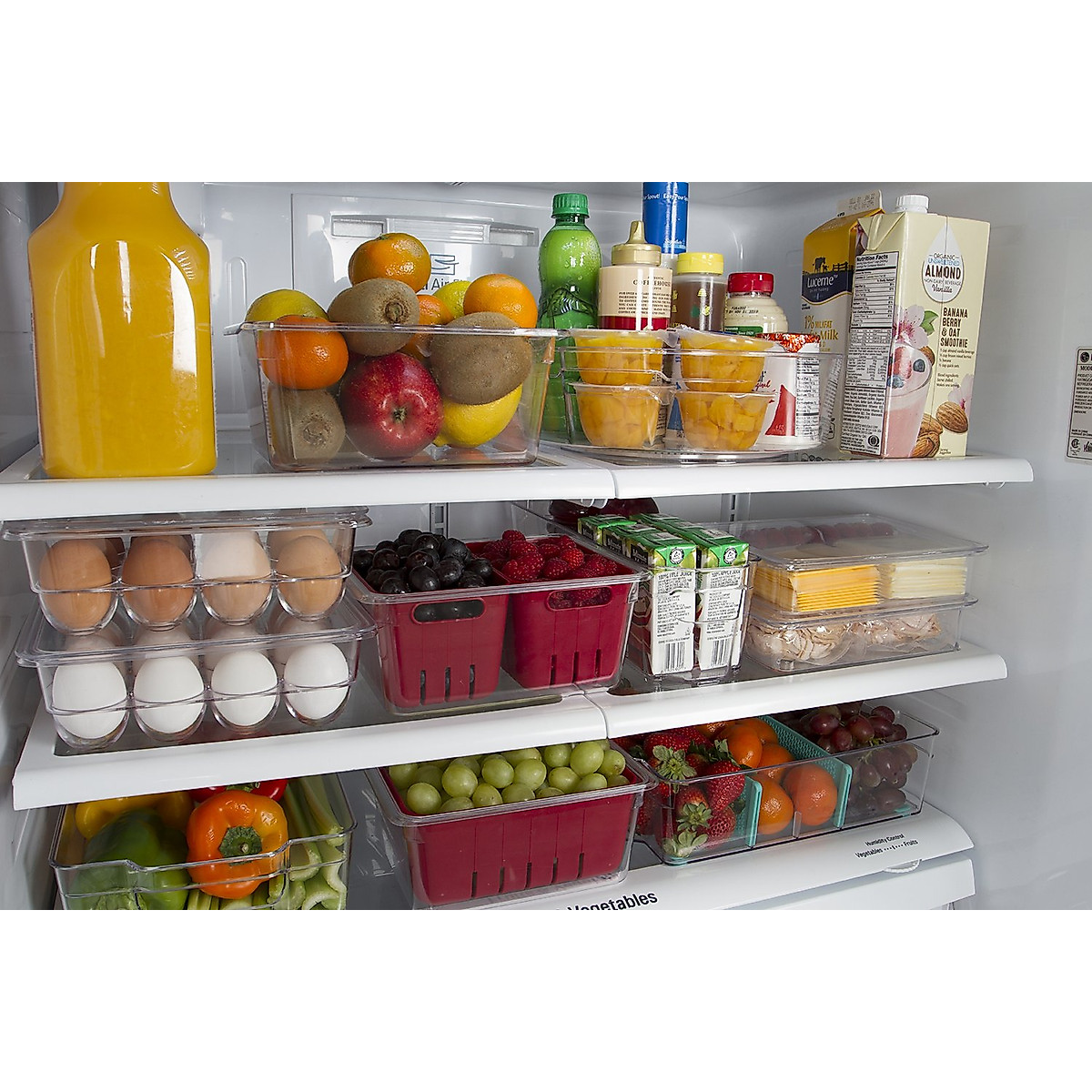 Kitchen Spaces KSDCB12-AMZ Twin Colander Stackable Food Storage Organizer for Fridge, Freezer, and Pantry, 8.8" x 6.8" x 3.9", Red & Clear