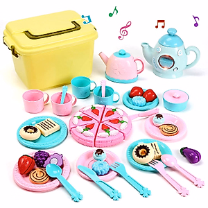 CUTE STONE Toy Tea Set for Little Girls, Kids Tea Party Set Includes Kettle with Light & Music, Teapot, Dessert, Cookies, Play Tea Party Accessories & Carrying Case, Kitchen Pretend Play for Kids