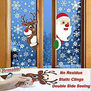 HINZER 310Pcs Christmas Window Clings Christmas Window Decorations Xmas Window Flakes Christmas Decals for Home Deer Santa Claus and Snowflakes