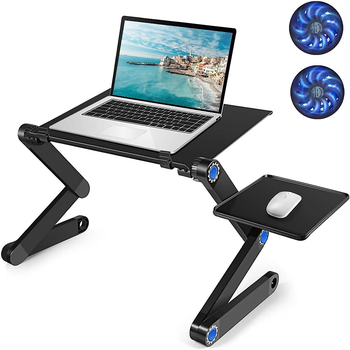 Laptop Table, Adjustable Laptop Bed Table, Laptop Computer Stand, Portable Laptop Workstation Notebook Stand Reading Holder with Large CPU Cooling Fan and Mouse Pad in Bed Couch Office Sofa