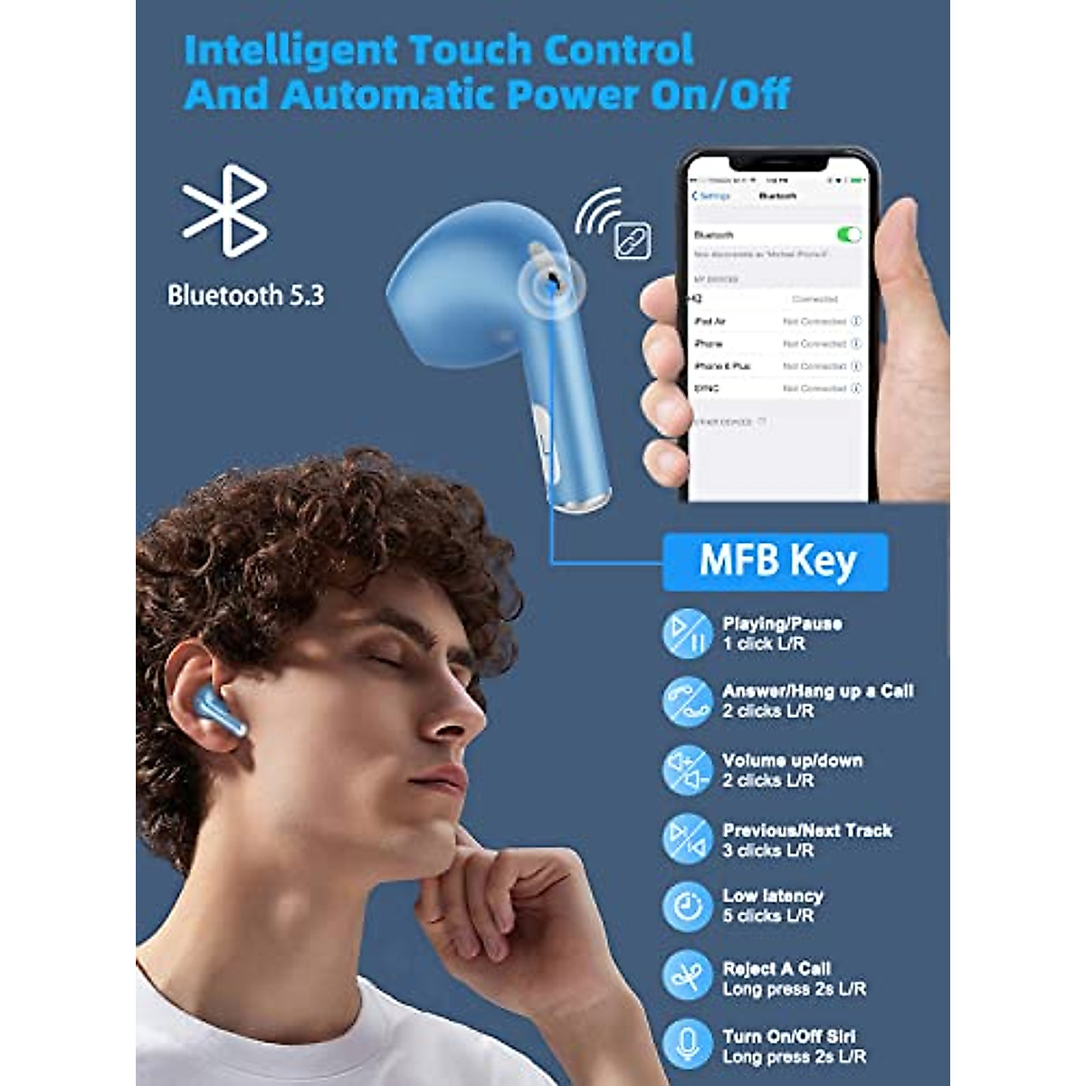 Wireless Earbuds Bluetooth 5.3 Earphones IPX6 Waterproof Headphones 2022 New Stereo Headsets with 4 Mics USB-C Charging Case in Ear 30H Deep Bass Noise Cancelling Ear Buds for iPhone Android iOS Blue