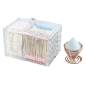 TocTen Qtip Holder Dispenser for Cotton Ball, Cotton Swab, Cotton Round Pads Jar, 3-Grid Bathroom Canister with Lid Thicken Acrylic Plastic Make Up Organizer, Extra Sponge Blender Holder Includ