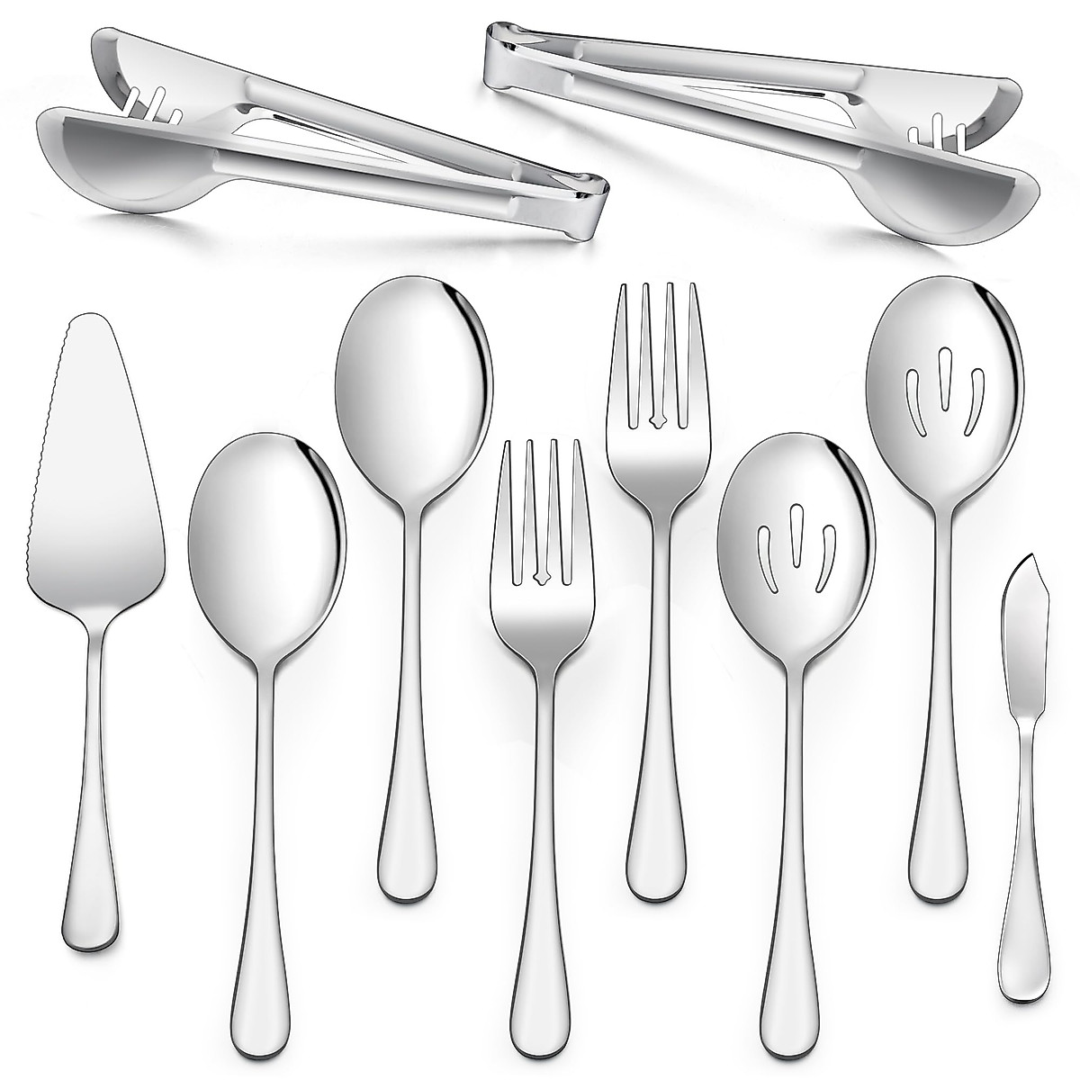 E-far Large Serving Utensils Set of 10, Stainless Steel Serving Spoon, Slotted Spoon, Fork, Tong, Cake Server and Butter Knife for Parties Buffet Banquet Kitchen, Mirror Finish & Dishwasher Safe