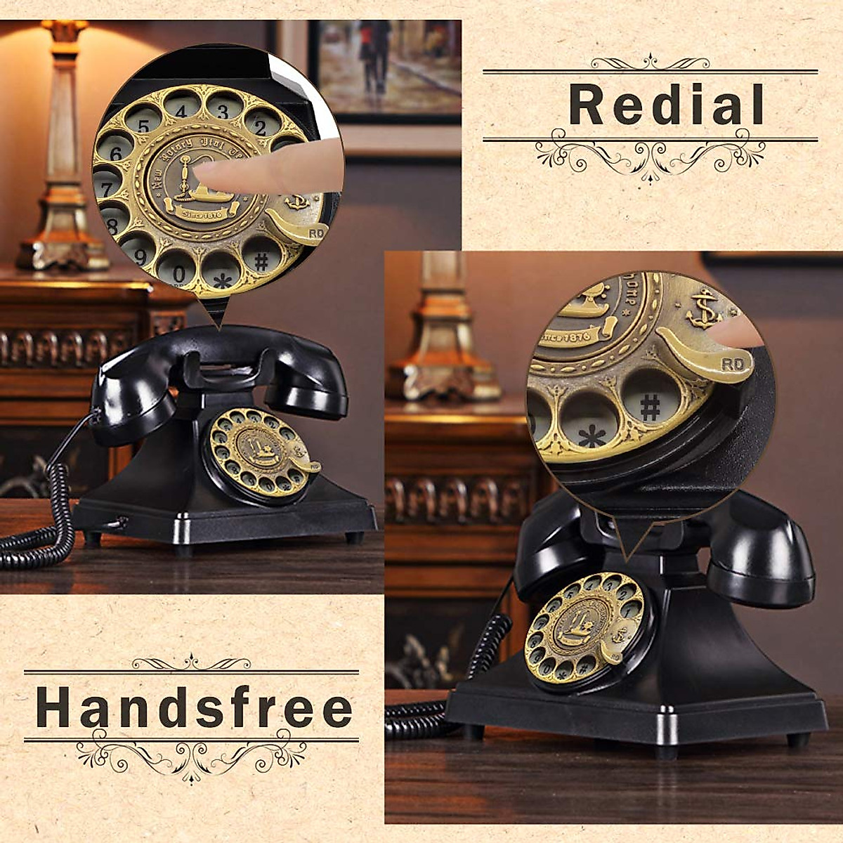 EC VISION Rotary Phones for Landline, Retro Landline Telephone Old Fashion Home Phones with Mechanical Ringer and Speaker Function(Black)