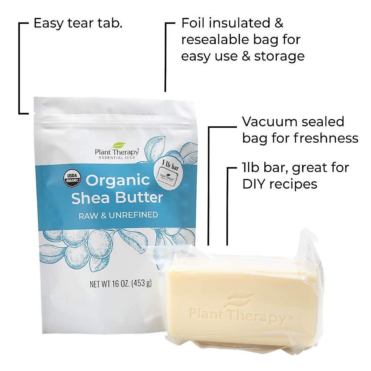 Plant Therapy Organic African Shea Butter Raw, Unrefined USDA Certified16 ounce Bar 100% Pure, Natural Moisturizer For Dry, Cracked Skin, Best for DIY