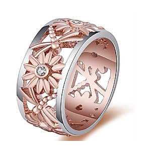 ZDIFDIC Elegant Rose Gold Silver Ring Sunflower Dragonfly Daisy Hollow Two-Tone Shiny Cubic Zirconia Sun Flower Ring Women Wedding Engagement Jewelry Gift Comfort Band (9#)