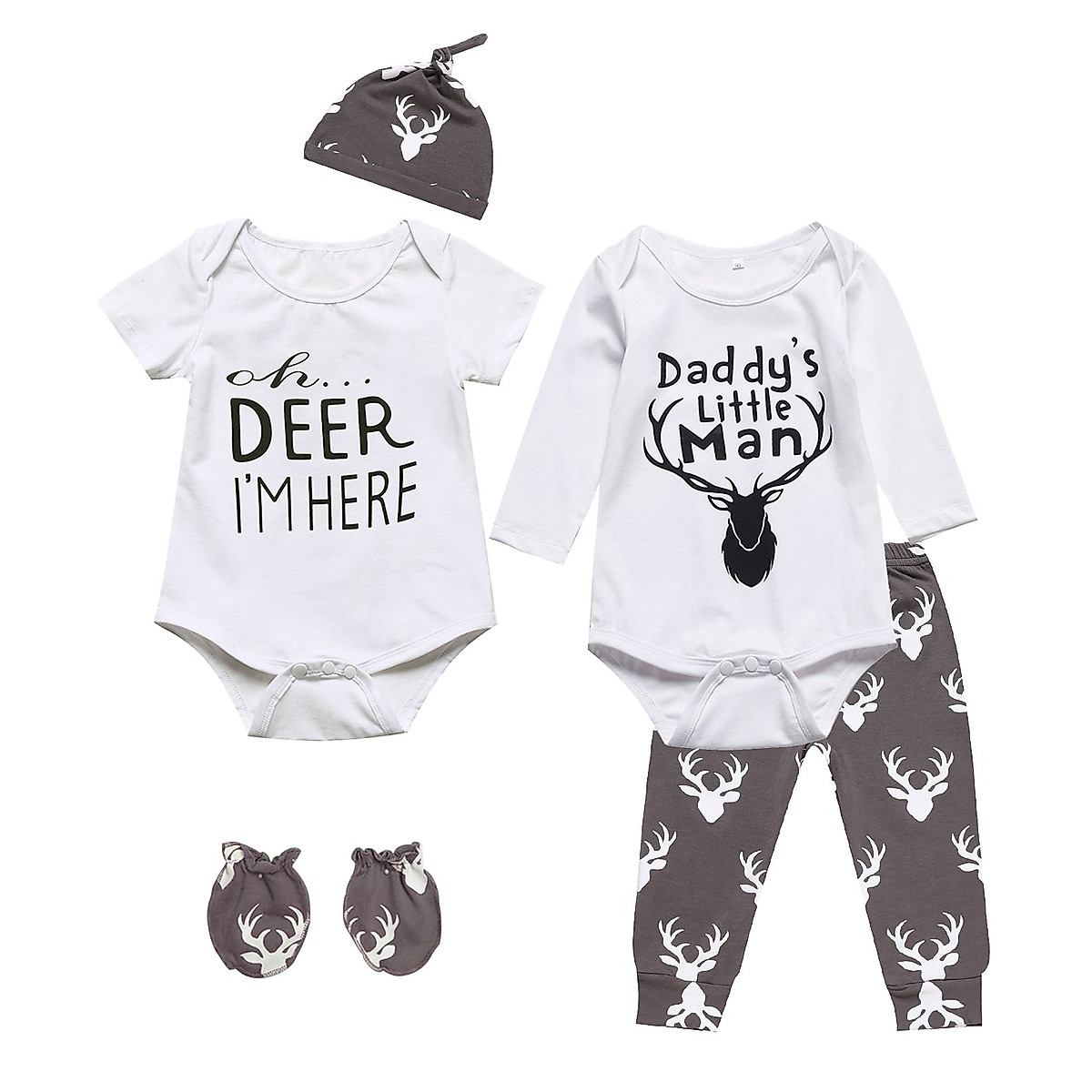 bakjuno Baby Boy Deer Theme Outfit Newborn Boy Oh Deer I'm Here Clothes Daddy' Little Man Shower Infant Hunting Romper Pants Set (0-3 Months, White03)