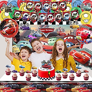 Cars Birthday Party Supplies, Lightning McQueen Cars Birthday Decorations Include Birthday Banner, Foil Balloons, Backdrop, Tablecloth, Cupcake Toppers for Boys Girls