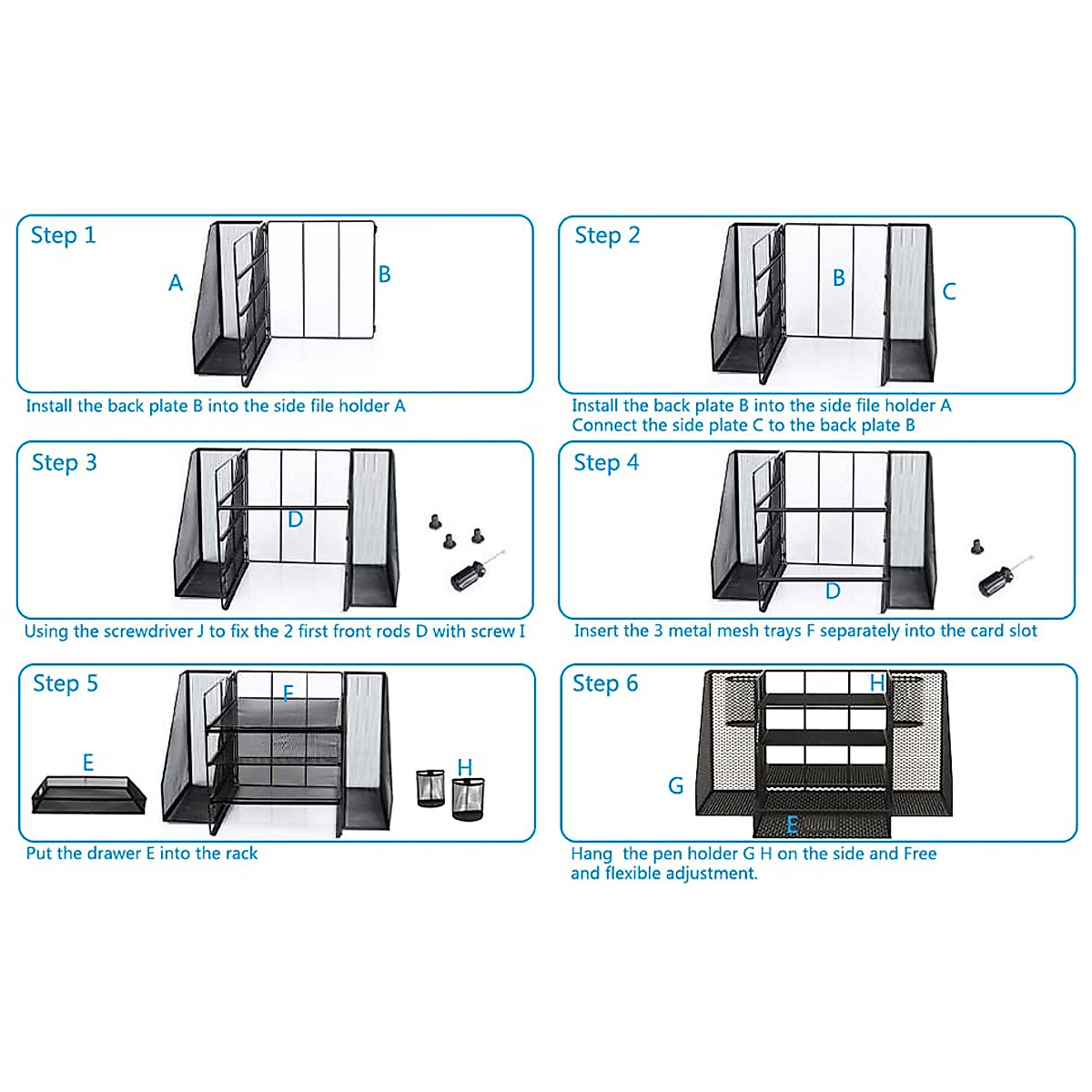 navmen Desk Organizer with File Holder,4 Tier Metal Mesh Desktop Organizer Paper Letter Tray Organizer with Drawer Holder and 2 Pen Holder,for Office Supplies Home or School Storage,(Black)
