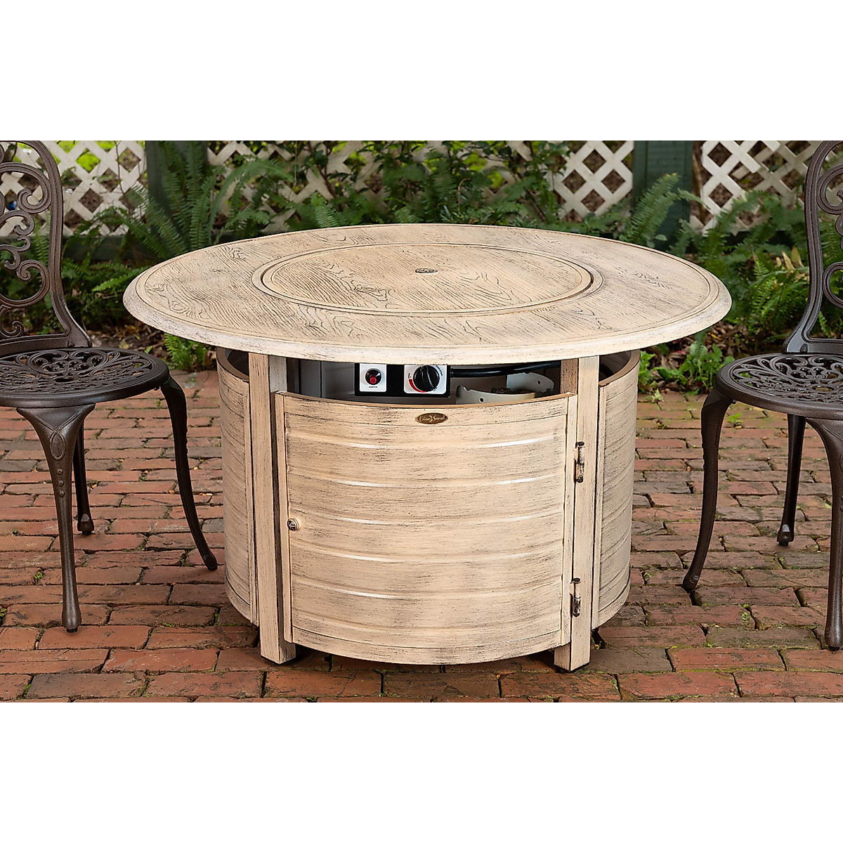 Fire Sense 62739 Thatcher Woodgrain Aluminum Convertible Gas Fire Pit Table 55,000 BTU Outdoor Portable with Fire Bowl Lid, Nylon Weather Cover & Clear Fire Glass - Driftwood Finish - Round - 42"
