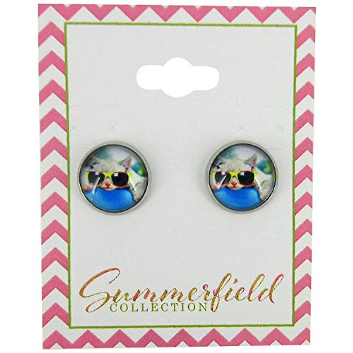Stainless Steel Cool Cat in Sunglasses Print Glass Stud Earrings 12mm