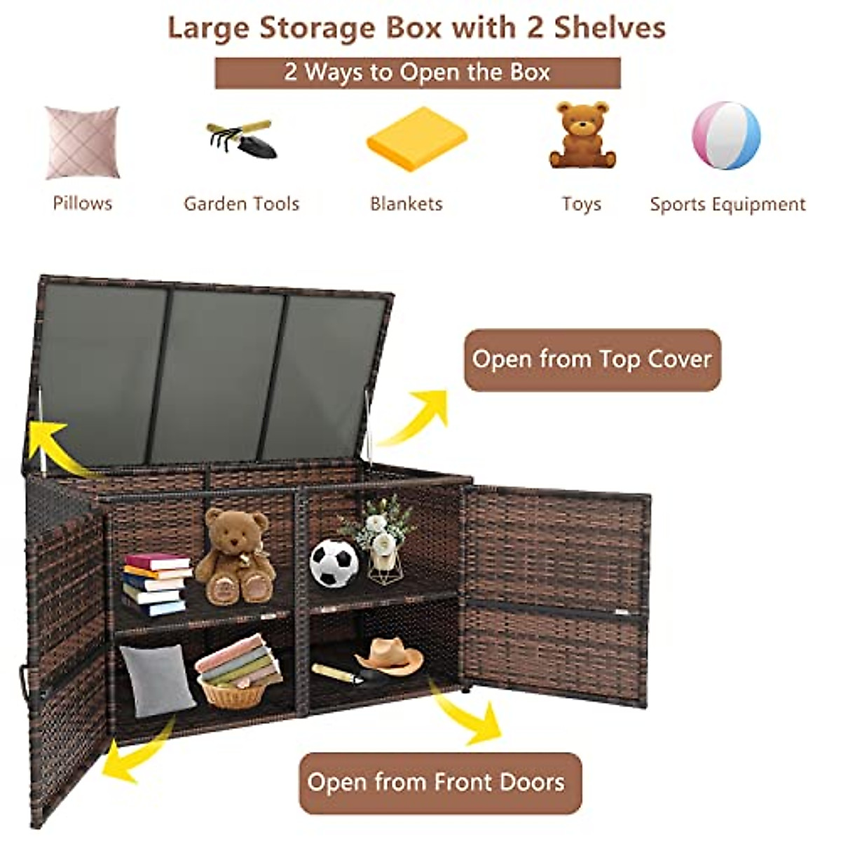 Outvita Outdoor Storage Box, 88GAL Waterprrof Rattan Patio Deck Storage Container with Double Doors and Flip Cover for Backyard, Balcony, Poolside, Garden Brown