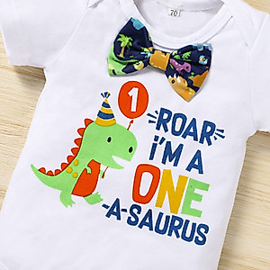 Baby Boys Cake Smash Clothes Dinosaur Romper Diaper Suspenders Pants 3PCS Set First Birthday Outfit for Photo Prop Party Saurus 12-18 Months