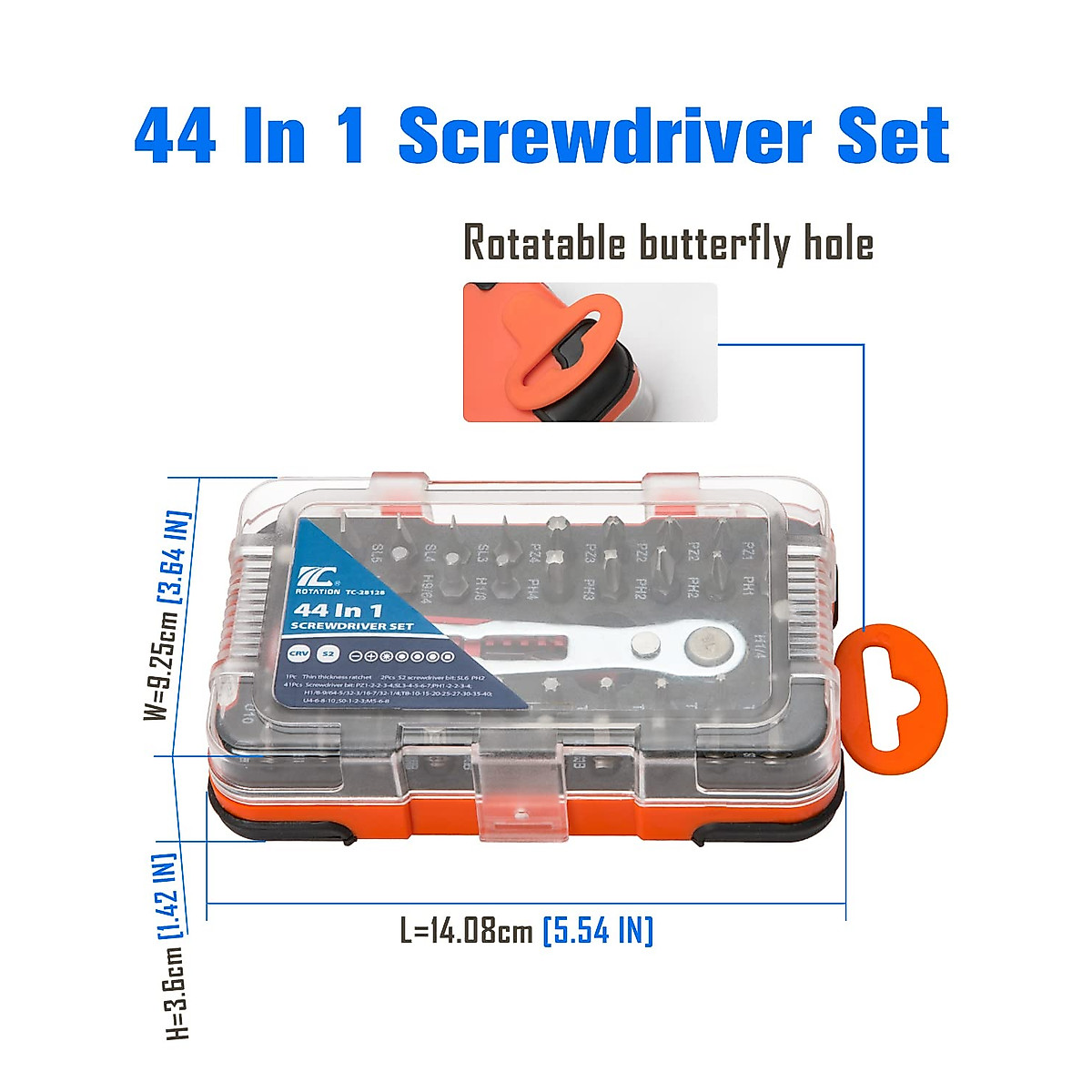 ROTATION 44pc Bit Set with 1/4 Mini Ratchet Offset Screwdriver, Portable Case, CR-V Steel, Drive Handle & Multi Hex/Phillips/Slotted/Torx/Star Bit