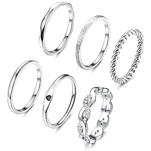 JeryWe 6 Pcs Stainless Steel Rings for Women Set Gold/Silver Knuckle Rings Stackable Simple Carve Heart Wedding Bands Engagement Promise Eternity Bands Thumb Rings for Women