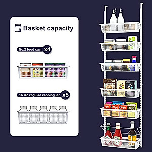 Over the Door Organizer, Adjustable Over Pantry Door Storage with 6 Deep Basket Hanging Over Door Spice Rack Closet Cabinet Door Shelf Organizer for Kitchen Bathroom, Wall Mountable, Modularized Use