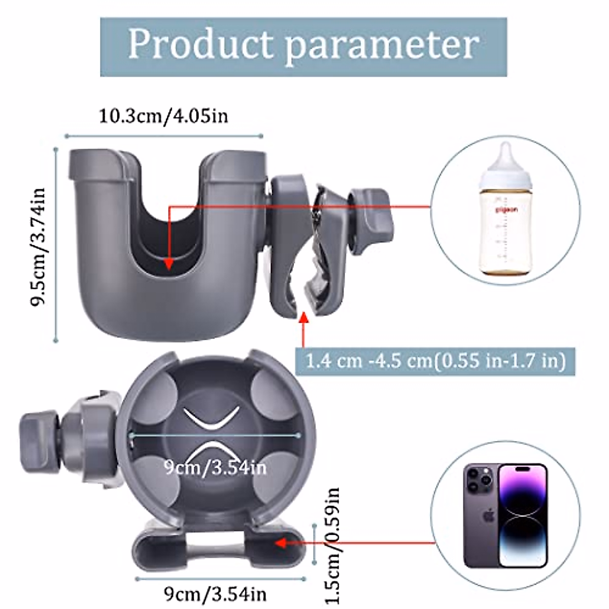 Suranew Universal Cup Holder with Phone Mount, Drink Holder for Stroller, Walker, Bike, Wheelchair,Scooter, Fits to Part of The pram of Uppababy, Nuna, Bugaboo, Doona