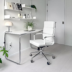 NEO CHAIR Office Desk Ergonomic Chair Leather Executive High-Back Modern Conference Comfy Adjustable Padded Swivel Rolling Home Vanity Chairs with Arms Wheels (White)