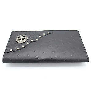 EastMeetsWest Western Black Star Concho Genuine Leather Ostrich Embossed Bi-Fold Men's Rodeo Long Wallet