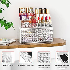 Awenia Makeup Organizer with Drawers[Upgraded]-Acrylic Make up Organizers and Storage Case for Cosmetics,Perfume,Jewelry Display, Vanity and Bathroom Accessories (Clear-4 Drawers)