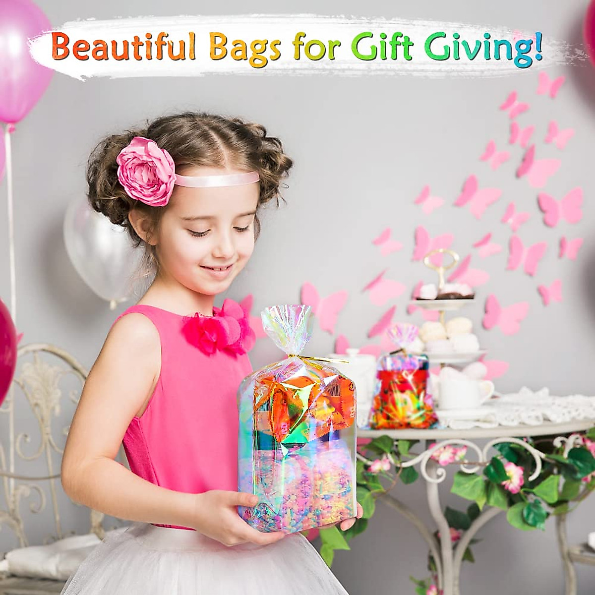 TYRSEN Cellophane Bags, 50 Pcs 9x12 Cello Bags with Twist Ties Holographic Iridescent Cello Gift Bags for Easter Day Birthday Party Halloween Xmas