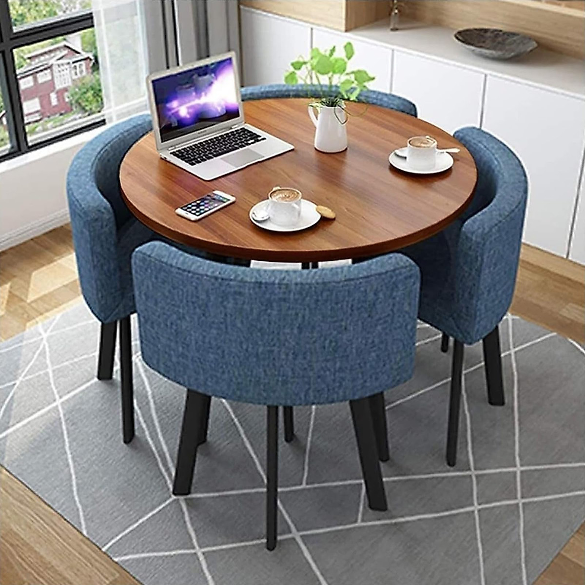 HM&DX Round Dining Table Set with 4 Chair, Small Office Conference Room Tables and Chairs,Modern Leisur Dining Room Furniture for Kitchen Lounge Living Room(80cm(31.5"), Blue)