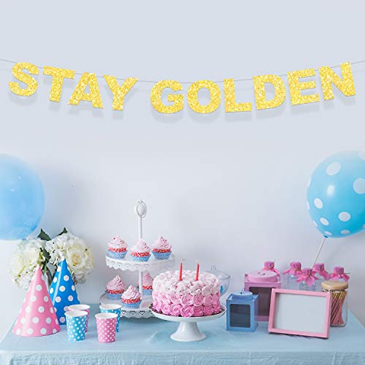 Stay Golden Banner Lucky Birthday Party Decorations Picks for Gold Glitter Happy Birthday Bunting Garland Decor Supplies