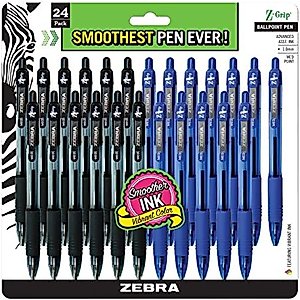 ZEBRA , bulk pack of 24 ink pens, Z-Grip Retractable ballpoint pens Medium point 1.0 mm, 12 black & 12 Blue pens combo pack