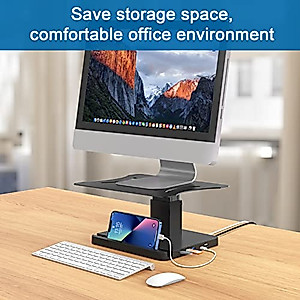 AQQEF Monitor Stand, Height Adjustable Computer Monitor Riser for Desk, Ergonomic Desktop Monitor Stand for Laptop, Computer, iMac (Metal -with USB HUB & Charger)