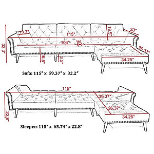 115¡±W Button Tufted Velvet Convertible Sectional Sofa Bed Sleeper with Reversible Chaise & 2 Pillows Indoor Modular Sofa (Green)