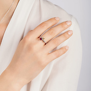 Jewelili Hallmark Fine Jewelry Sterling Silver and 14K Yellow Gold 5 MM Heart Cut Created Ruby and Natural White Round Diamond Accent Flying Cupid Ring, Size 6