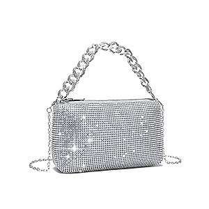 YIKOEE Sparkly Rhinestone Clutch Purse Evening Bag for Women with Chunky Chain (Silver)
