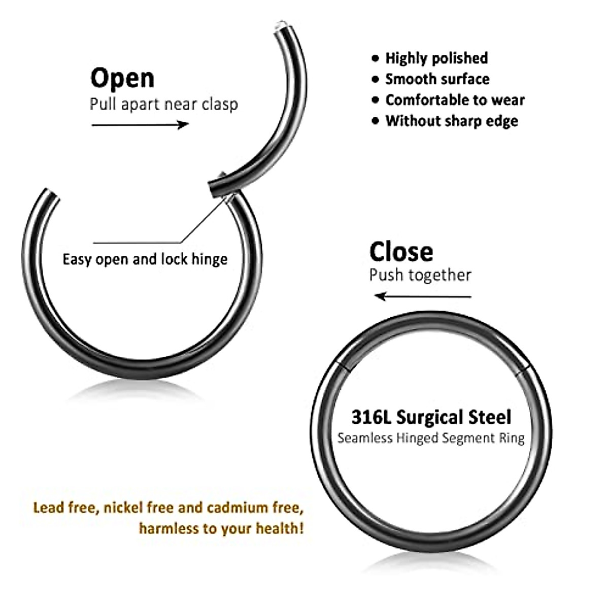 Funtopia 12 Pcs Hoop Nose Rings, 18g 316L Surgical Steel Hinged Nose Rings Hoop for Women Men, Septum Rings Cartilage Lip Rings Body Piercing Jewelry, Silver, Gold, Black, Rose Gold (7mm 8mm 9mm)