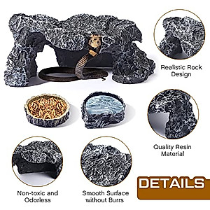 3 Pcs Large Reptile Water Dish Feeding Reptile Food Dish with Reptile Hides and Caves Tortoise Hideout Lizard Rock Hideout Tortoise Habitat Accessories for Geckos Spiders Snakes Hermits Turtles Crabs
