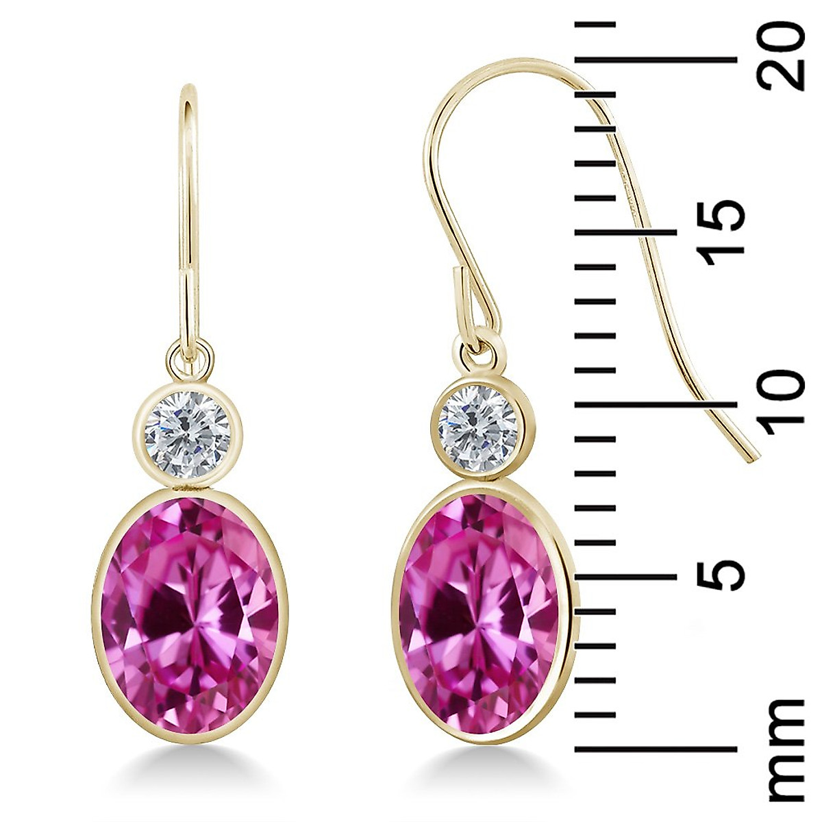 Gem Stone King 14K Yellow Gold Pink Created Sapphire and White Diamond Hook French Fish Ear Wire Dangle Earrings For Women (3.50 Cttw, Gemstone September Birthstone, Oval 8X6MM, Round 3MM)