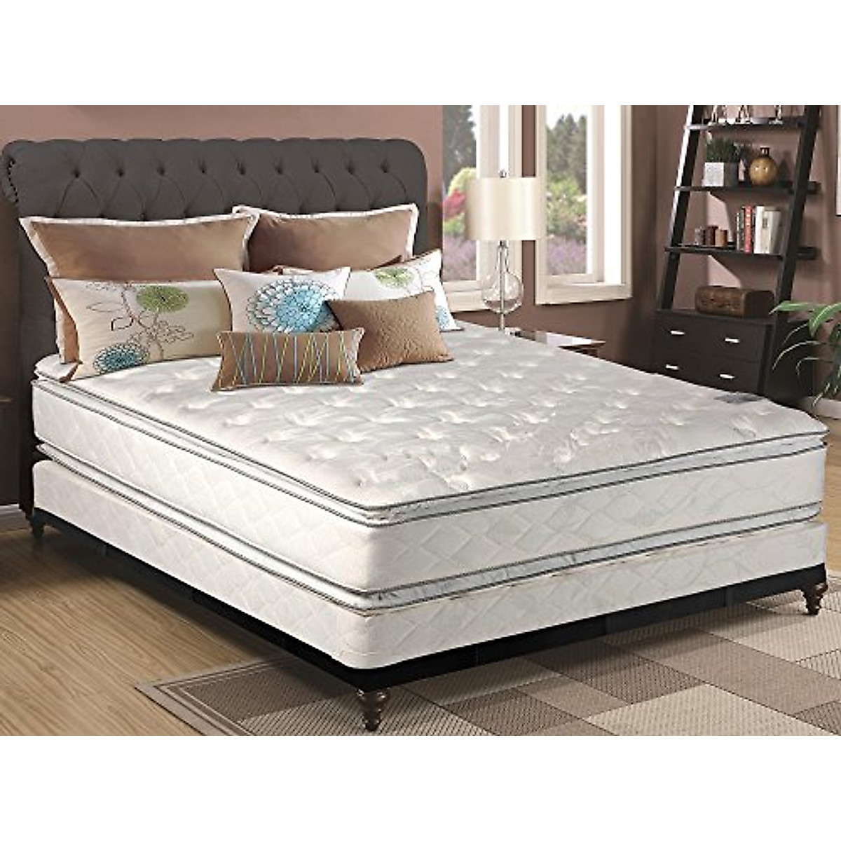 Mattress Solution Medium Plush Double Sided Pillowtop Innerspring Fully Assembled Mattress and 4" Low Profile Wood Box Spring/Foundation Set, Queen, White LT Brown